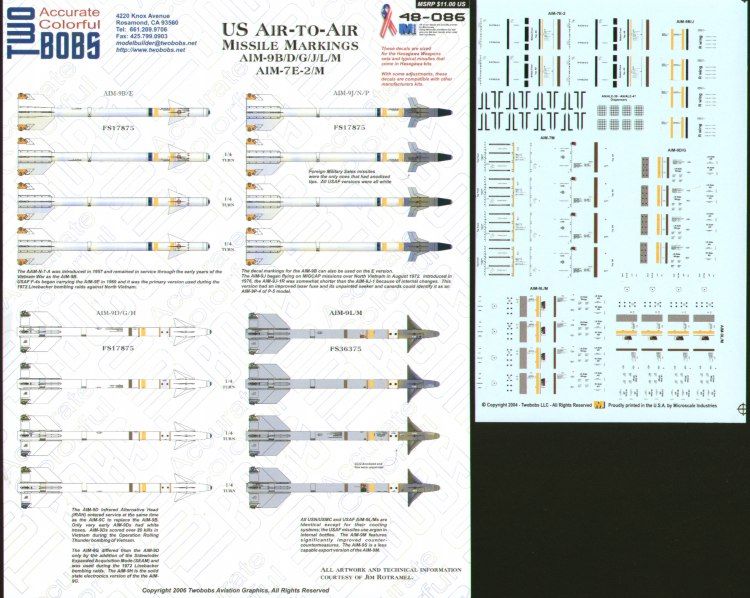 1:48 US Air-to-Air Missile Markings AIM-9B/D/G/J/L/M; AIM-7E-2/M