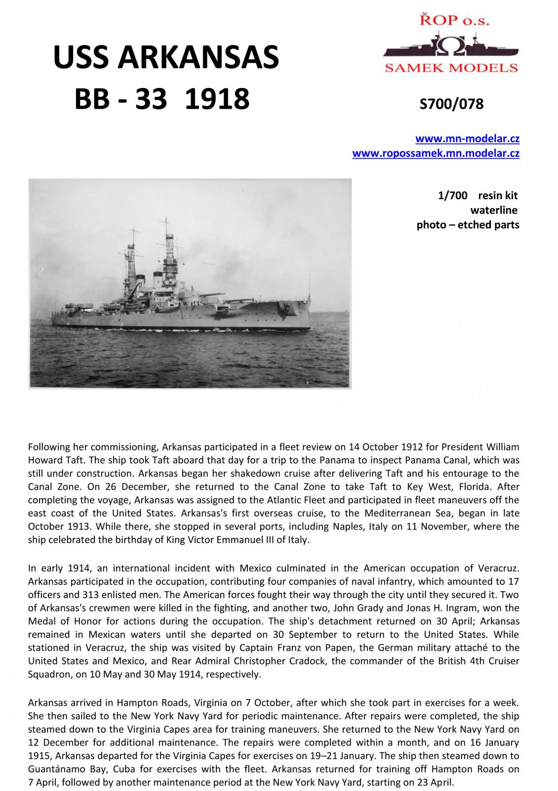 1:700 Battle ship USS Arkansas BB 33 1918