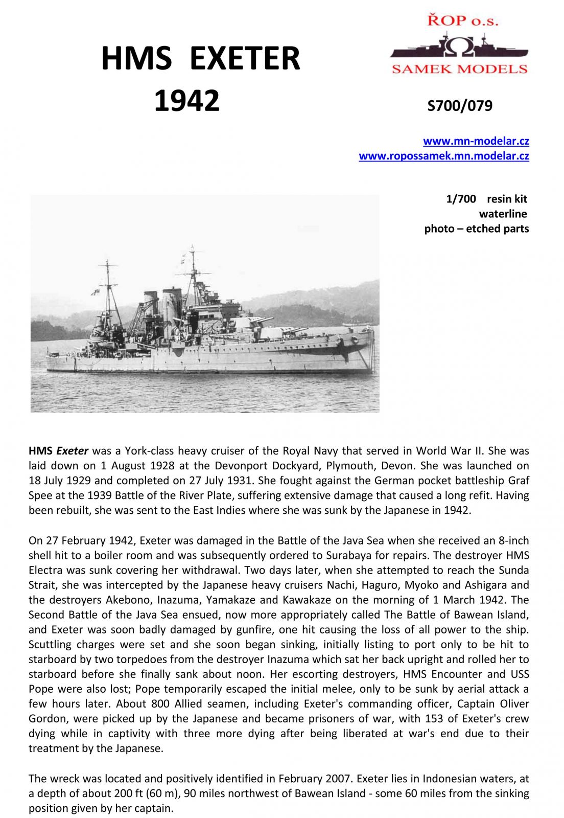 1:700 Heavy cruiser HMS Exeter 1942