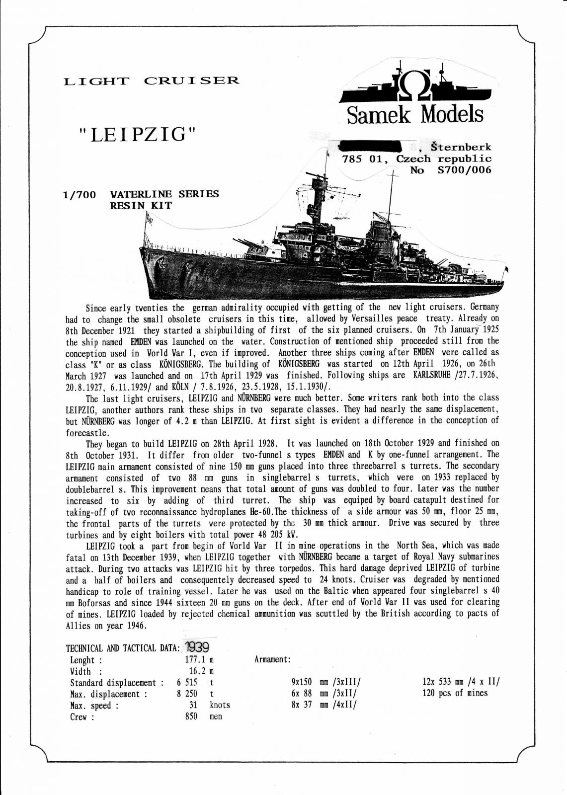 1:700 Light cruiser Leipzig Germany 1939